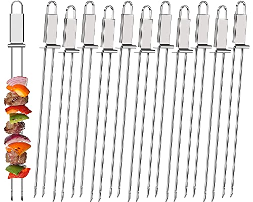 Lallisa Kabob Skewer for Grilling Metal Stainless Steel BBQ Skewer Stick with Push Bar Reusable Double Pronged Kebab Skewer Tool Quick Release Meat Chicken Vegetable and Fruit for Father (12 Pieces)