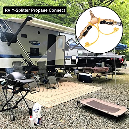 1/4" RV Propane Quick Connect Y Splitter Adapter for RV Trailer and Camping Propane Hose to Motorhome Tabletop Grill 2 Way LPG 1/4 inch Quick Connect or Disconnect Kit Shutoff Valve & Full Flow Plug