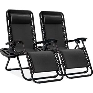 best choice products set of 2 adjustable steel mesh zero gravity lounge chair recliners w/pillows and cup holder trays, black