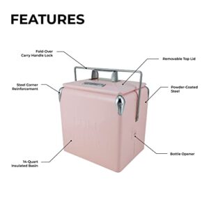 Permasteel 14-Quart Small Cooler Ice Chest | Retro Vintage Classic Style Hard Metal Cooler, PS-A205-14QT-PK, Beverage Cooler for Camping Beach Picnic, Pink