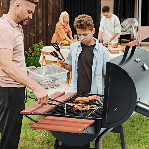 Royal Gourmet CC1830V 30 Barrel Charcoal Grill with Wood-Painted Side Front Table, 627 Square Inches Cooking Space, for Outdoor Backyard, Patio and Parties, Black