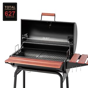 Royal Gourmet CC1830V 30 Barrel Charcoal Grill with Wood-Painted Side Front Table, 627 Square Inches Cooking Space, for Outdoor Backyard, Patio and Parties, Black