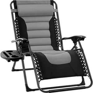 best choice products oversized padded zero gravity chair, folding outdoor patio recliner, xl anti gravity lounger for backyard w/headrest, cup holder, side tray, outdoor polyester mesh - gray