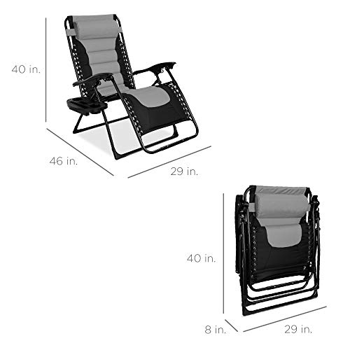 Best Choice Products Oversized Padded Zero Gravity Chair, Folding Outdoor Patio Recliner, XL Anti Gravity Lounger for Backyard w/Headrest, Cup Holder, Side Tray, Outdoor Polyester Mesh - Gray