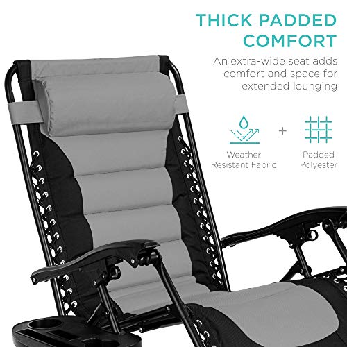 Best Choice Products Oversized Padded Zero Gravity Chair, Folding Outdoor Patio Recliner, XL Anti Gravity Lounger for Backyard w/Headrest, Cup Holder, Side Tray, Outdoor Polyester Mesh - Gray