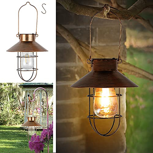 Miyole Solar Outdoor Lanterns 2 Pack, Hanging Solar Lights Outdoor, Metal Waterproof Solar Powered Light with Warm White Edison Bulb for Fence/Garden/Patio/Proch Decor