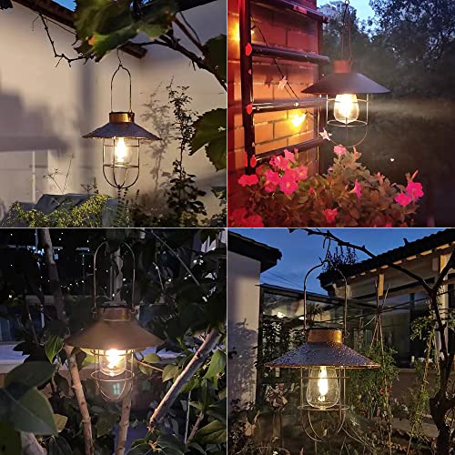 Miyole Solar Outdoor Lanterns 2 Pack, Hanging Solar Lights Outdoor, Metal Waterproof Solar Powered Light with Warm White Edison Bulb for Fence/Garden/Patio/Proch Decor