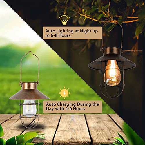 Miyole Solar Outdoor Lanterns 2 Pack, Hanging Solar Lights Outdoor, Metal Waterproof Solar Powered Light with Warm White Edison Bulb for Fence/Garden/Patio/Proch Decor