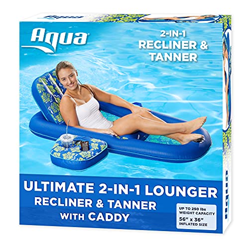 Aqua Campania Ultimate 2-in-1 Pool Float Lounge – Extra Large – Inflatable Pool Floats for Adults with Adjustable Backrest & Cupholder Caddy – Royal/Lime Hibiscus