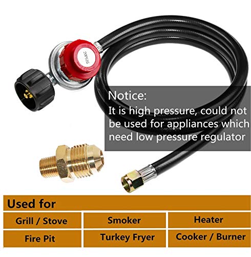 5 feet 0-20 PSI Adjustable High Pressure Propane Regulator with Hose, LP Gas Grill Regulator Hose with 1/8 MNPT Pipe Fitting for QCC1 Tank,Fits for Grill,Burner,Turkey Fryer,Cooker,Firepit and More