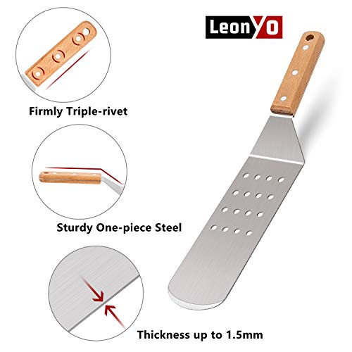 Leonyo Griddle Accessories Set of 16, Heavy Duty Stainless Steel Grill Griddle Metal Spatula for Cast Iron Flat Top Teppanyaki Hibachi Hamburger Cooking, Carry Bag, Chef Gift, Melting Dome, S Hook