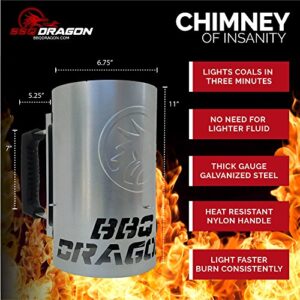 BBQ Dragon | Large Chimney of Insanity Charcoal Starter | Fast, Safe & Easy to Use Chimney | Fire Starter for Charcoal Grill | Galvanized Steel | Side Vent & Heat Resistant Handle | BBQ Accessories