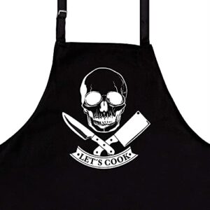 nomsum aprons for men | lets cook skull design | premium quality funny aprons | best for bbq, grilling and cooking | grill and bbq accessories | chef kitchen grilling apron | one size fits all