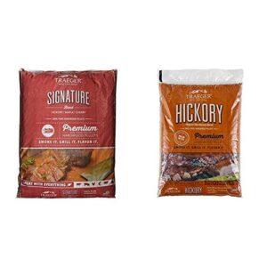 traeger grills pel331 signature blend 100% all-natural hardwood pellets - grill, smoke, bake, roast, braise, and bbq (20 lb. bag) & pel319 hickory 100% all-natural hardwood grill pellets