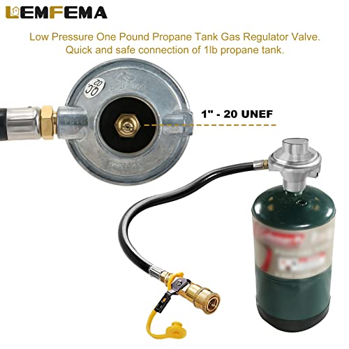 Low Pressure 1LB Propane Tank Gas Regulator Valve with 1/4" Quick Connect Shut Off Valve Including 3/8" Male Flare, 1/4" NPT, 3/8" Female Flare Fitting for Camper, Grill, Heater, Fireplace, Fire Pit