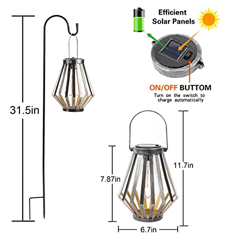 Solar Lights Lantern Outdoor，Metal Waterproof Edison Bulb Lights，Hanging Table Top Decorative Warm White Light for Garden Patio Courtyard Lawn and Fence （1 Pack）