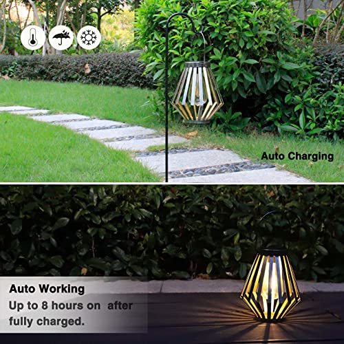 Solar Lights Lantern Outdoor，Metal Waterproof Edison Bulb Lights，Hanging Table Top Decorative Warm White Light for Garden Patio Courtyard Lawn and Fence （1 Pack）