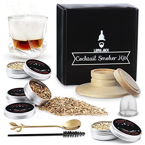 Libra Jack Cocktail Smoker Kit with Apple, Pecan, Cherry & Oak Wood Chips - Old Fashioned Whisky Smoker Kit, Drink Smoker Infuser Kit, Smoke Infuser for Cocktails, Smoked Bourbon Cocktail Set