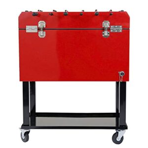 68 Quart Patio Cooler Ice Chest with Foosball Table Top, 17 Gallon/ 65L Outdoor Rolling Beverage Cart, Red Portable Patio Party Bar Cold Drink Rolling Cart on Wheels with Tray Shelf