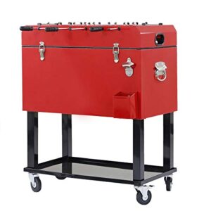 68 Quart Patio Cooler Ice Chest with Foosball Table Top, 17 Gallon/ 65L Outdoor Rolling Beverage Cart, Red Portable Patio Party Bar Cold Drink Rolling Cart on Wheels with Tray Shelf