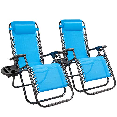 Kemon Zero Gravity Folding Lounge Outdoor Patio Adjustable Reclining Chair with Pillows and Cup Holders for Beach Set of 2, Blue