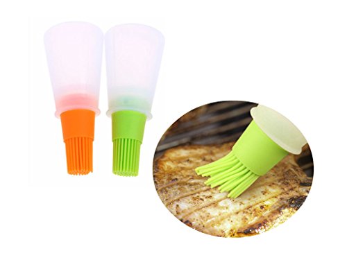 AKOAK BBQ/Pastry Basting Brushes,Silicone Cooking Grill Barbecue Baking Pastry Oil/Honey/Sauce Bottle Brush,Set of 2,Green and Orange