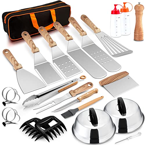 24Pcs Griddle Accessories Kit, Joyfair Stainless Steel BBQ Spatulas Set with Melting Dome, Professional Grill Accessory in Storage Bag, Great for Outdoor Camping Flat Top Teppanyaki Grilling Cooking