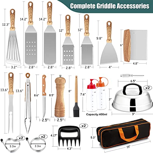 24Pcs Griddle Accessories Kit, Joyfair Stainless Steel BBQ Spatulas Set with Melting Dome, Professional Grill Accessory in Storage Bag, Great for Outdoor Camping Flat Top Teppanyaki Grilling Cooking