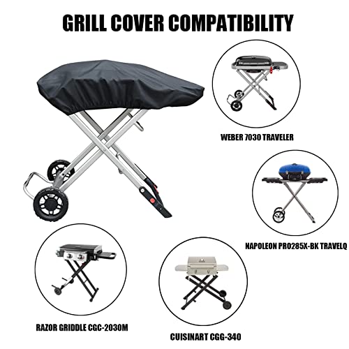 TOHONFOO Grill Cover for Weber 9010001 Traveler Portable Gas Grill - Heavy Duty Waterproof 600D Oxford Fabric and Adjustable Hem Grill Cover