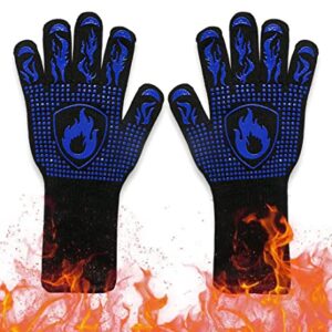 BBQ Gloves, 1472 Degrees Fahrenheit Heat-Resistant Barbecue Gloves Silicone Non-Slip Oven Gloves Long Kitchen Gloves for Grilling, Cooking, Baking, Frying, Winter Warmth (Flame Blue)