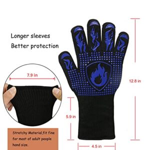 BBQ Gloves, 1472 Degrees Fahrenheit Heat-Resistant Barbecue Gloves Silicone Non-Slip Oven Gloves Long Kitchen Gloves for Grilling, Cooking, Baking, Frying, Winter Warmth (Flame Blue)