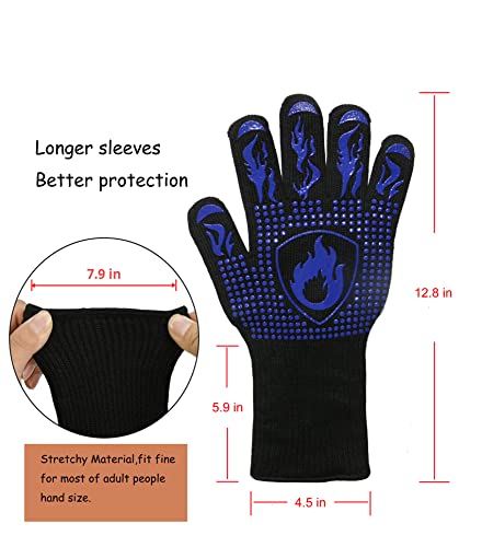 BBQ Gloves, 1472 Degrees Fahrenheit Heat-Resistant Barbecue Gloves Silicone Non-Slip Oven Gloves Long Kitchen Gloves for Grilling, Cooking, Baking, Frying, Winter Warmth (Flame Blue)