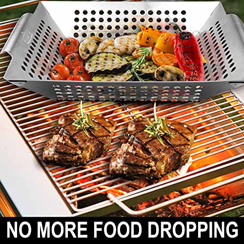 GRILLART Grill Basket Heavy Duty -Large Grill Baskets for Outdoor Grill Vegetables -Stainless Steel Veggie Grilling Basket/Pan - Lasting Grill Vegetable Basket BBQ Grill Accessories, Gifts for Dad Men