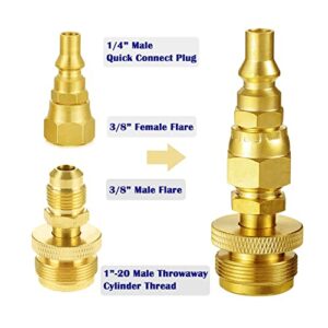 Hooshing 1LB Propane Disposal Adapter Fitting with 1/4" Quick Connect Disconnect Plug 3/8" Male Flare Thread & 1" x 20 Male Throwaway Cylinder Thread for Portable BBQ Grill Bubby Heater RV Trailer