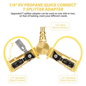 EEEKit 1/4" RV Propane Quick Connect Y Splitter Adapter with Shutoff Valve for RV, Trailer, Quick Connect Propane Hose to Grill, Camper, BBQ, 2 Way 1/4 inch Quick Connect or Disconnect Kit