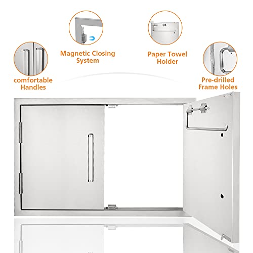 WAFIET Double BBQ Access Door, 33W x 22H Inch Outdoor Kitchen Doors 304 Stainless Steel Cabinets Double Grill Door for BBQ Island Grilling Station Outside Cabinet