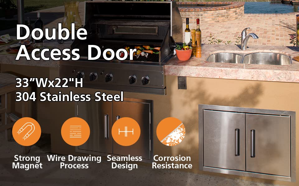 WAFIET Double BBQ Access Door, 33W x 22H Inch Outdoor Kitchen Doors 304 Stainless Steel Cabinets Double Grill Door for BBQ Island Grilling Station Outside Cabinet