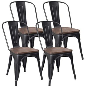 jummico metal dining chair stackable industrial vintage kitchen chairs indoor-outdoor bistro cafe side chairs with back and wooden seat set of 4 (black)