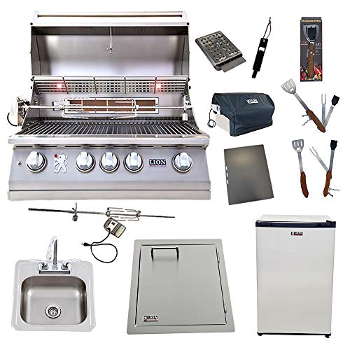 Lion 32-Inch Natural Gas Grill L75000 with Refrigerator and Vertical Door with Towel Rack and Drop-In Sink and 5 in 1 BBQ Tool Set Best of Backyard Package Deal