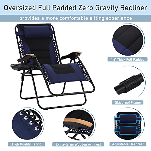 PHI VILLA Oversize XL Padded Zero Gravity Lounge Chair Wide Armrest Adjustable Recliner with Cup Holder, Support 400 LBS (Blue)