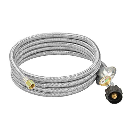 only fire 12 Feet Propane Regulator Hose with Gauge,Fits for Fire Pit, Heater, Grill and More, Stainless Steel Braided Gas Hose with 3/8" Female Flare Fitting,QCC-1 Connection