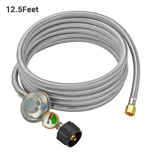 only fire 12 Feet Propane Regulator Hose with Gauge,Fits for Fire Pit, Heater, Grill and More, Stainless Steel Braided Gas Hose with 3/8" Female Flare Fitting,QCC-1 Connection