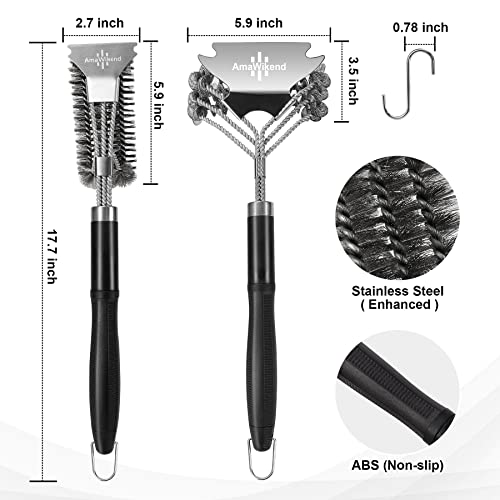 Grill Brush for Outdoor Grill. Safe Stainless Steel BBQ Accessories for Grill Cleaning. 2 Packs,3 Hooks Included.