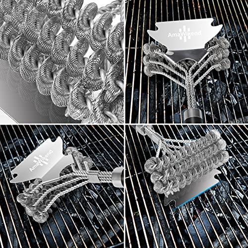 Grill Brush for Outdoor Grill. Safe Stainless Steel BBQ Accessories for Grill Cleaning. 2 Packs,3 Hooks Included.