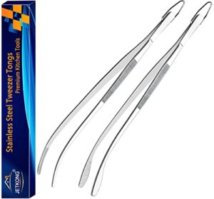 jetkong 2 pcs 12'' curved kitchen tweezers stainless steel long tweezer tongs professional chef tweezers for cooking, grilling and bbq (silver)