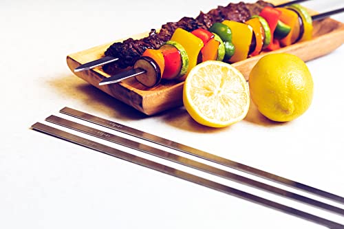 + HOM 8 Kebab 1/2" Wide Flat Skewers, Stainless Steel, No-Wood Handle, Shish, Adana Kabob, Carrying Case