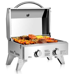 giantex portable gas grill with 2 burner, max. 20,000 btu total, folding legs, built-in thermometer, travel locks, stainless steel tabletop propane gas grill for camping picnic cookout rv bbq