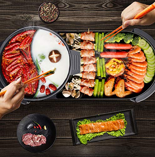 2 in 1 Electric Bbq Hot Pot Grill Electric Barbecue Pan Grill and Hot Pot for Indoor Outdoor Parties Non-Stick Pan with Dual 5-Speed Temperature Control (110V)