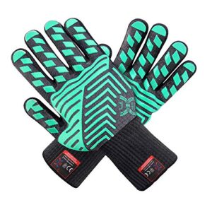 j h heat resistant oven glove:en407 certified 932 °f, 2 layers silicone coating, oven mitts for cooking, kitchen, fireplace, grilling, 1 pair (regular cuff, black shell with green coating)