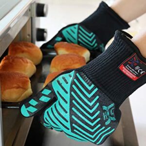 J H Heat Resistant Oven Glove:EN407 Certified 932 °F, 2 Layers Silicone Coating, Oven Mitts for Cooking, Kitchen, Fireplace, Grilling, 1 Pair (Regular Cuff, Black Shell with Green Coating)